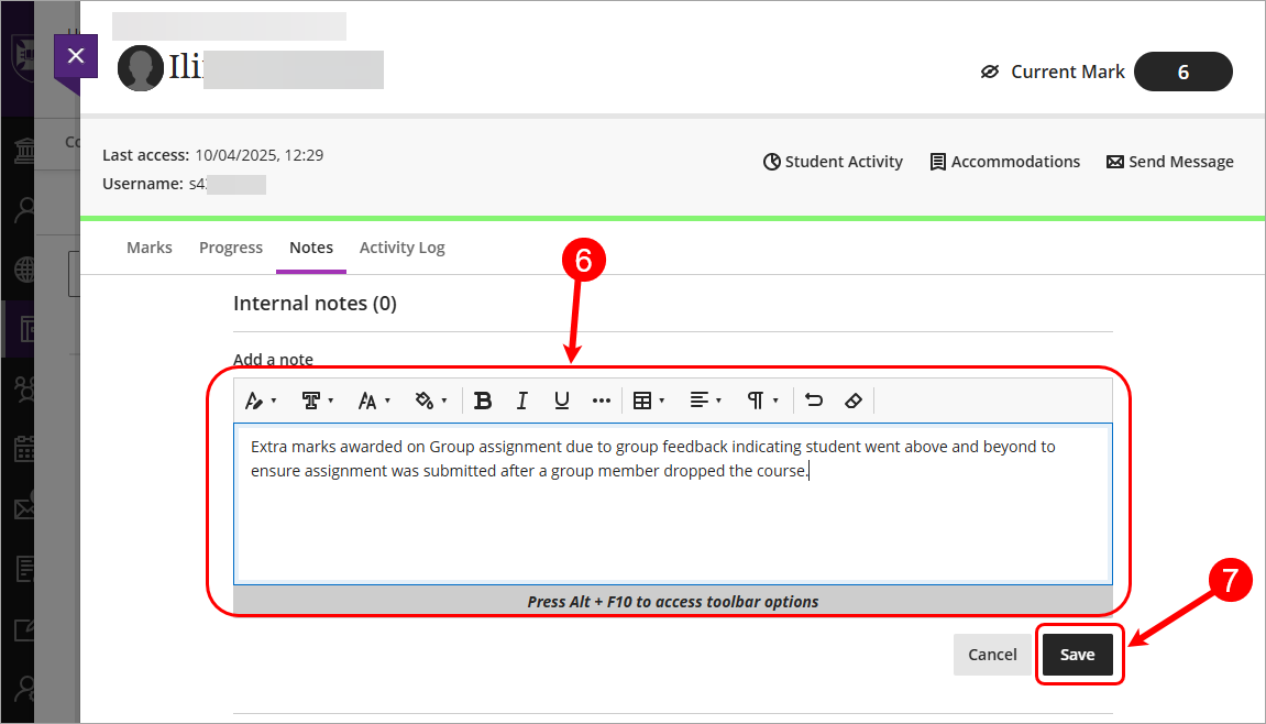 Record a reason for a mark change (Ultra) - eLearning - University of Queensland